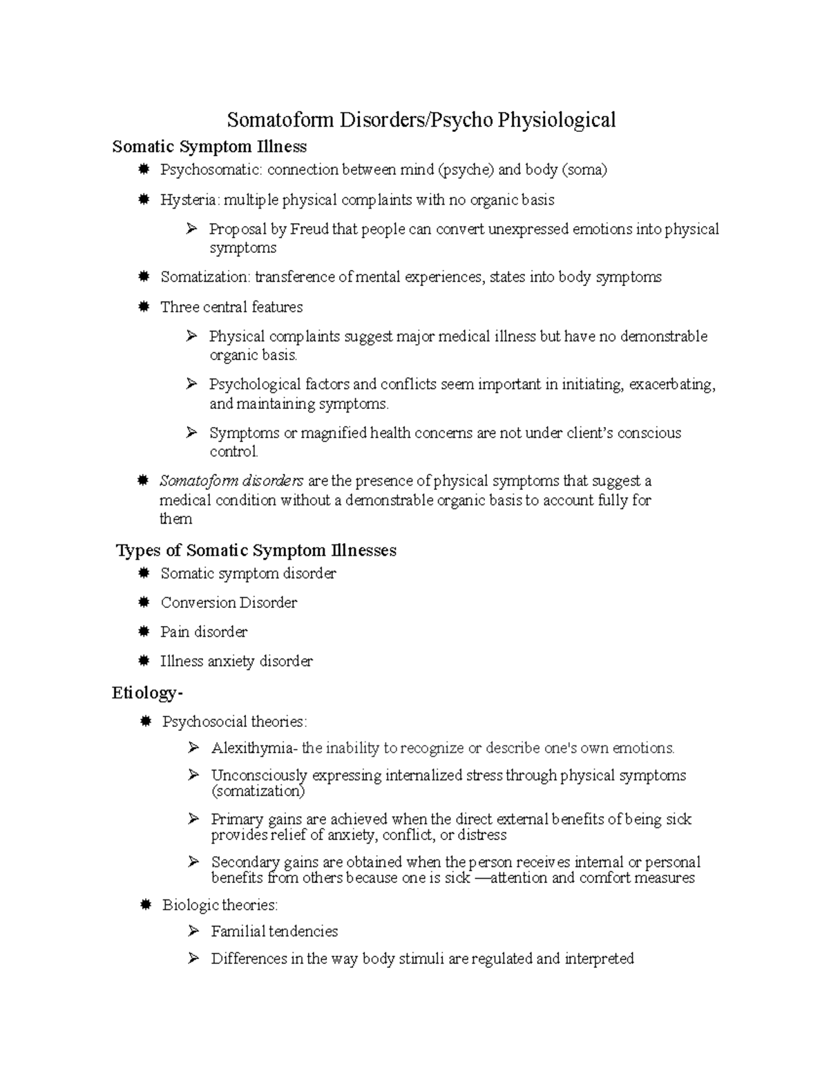 Somatoform outline - Somatoform Disorders/Psycho Physiological Somatic ...