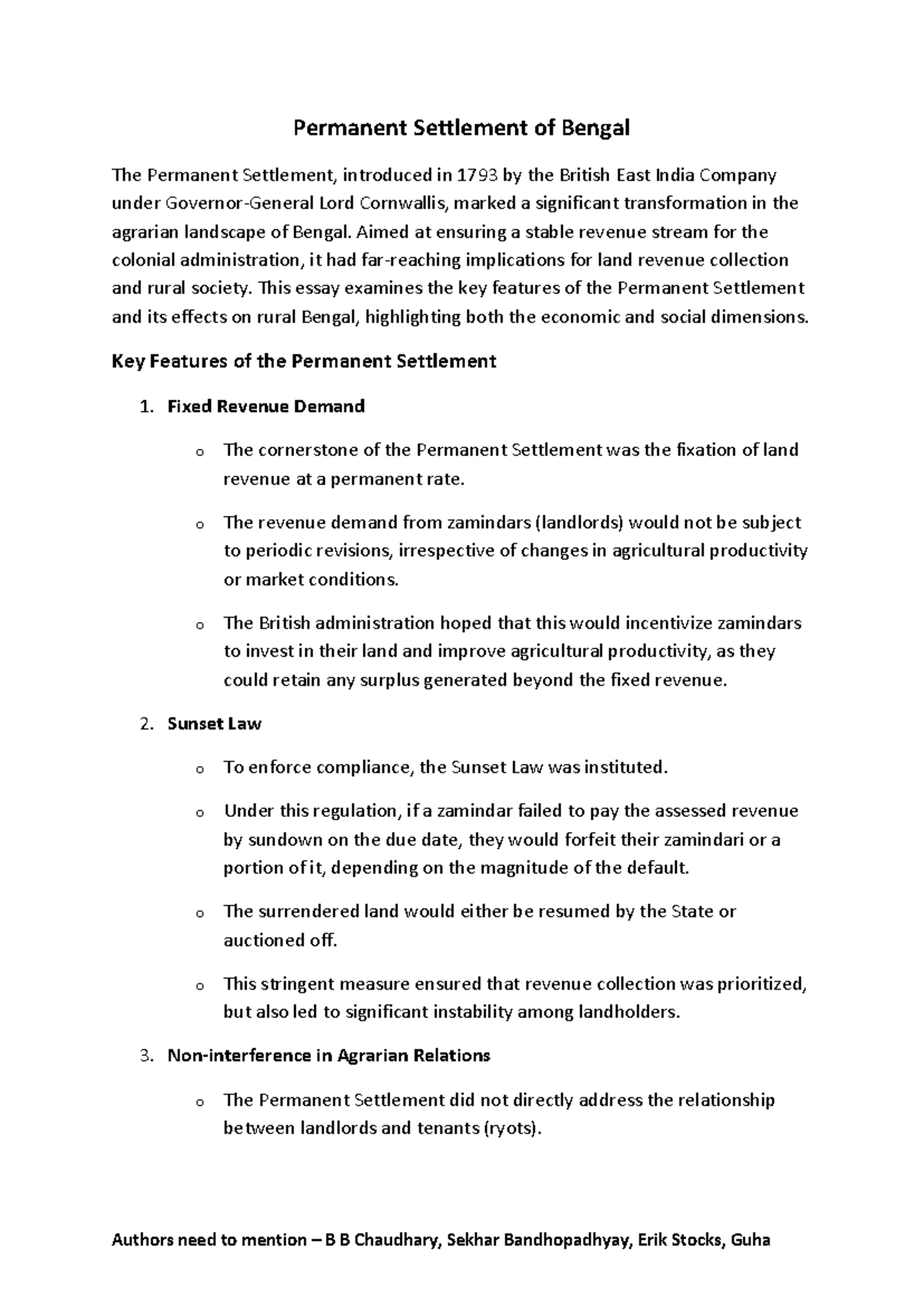 Permanent Settlement of Bengal - Aimed at ensuring a stable revenue ...