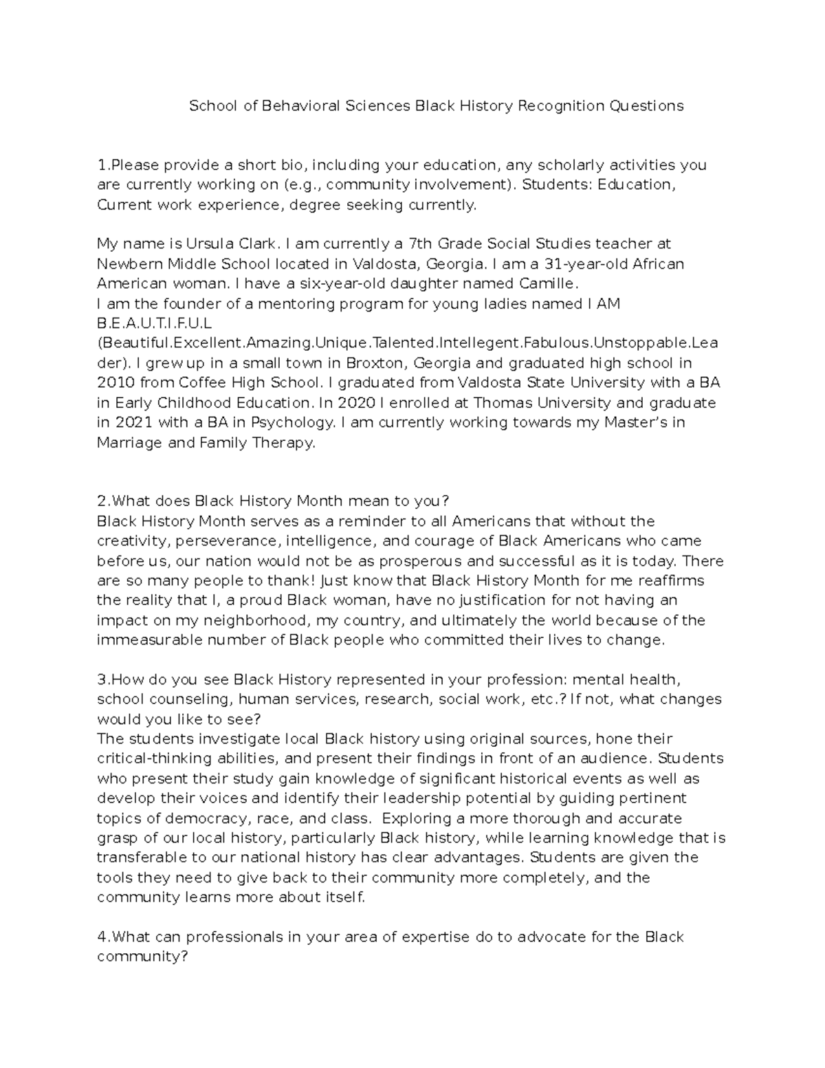 School of Behavioral Sciences Black History Recognition Questions ...