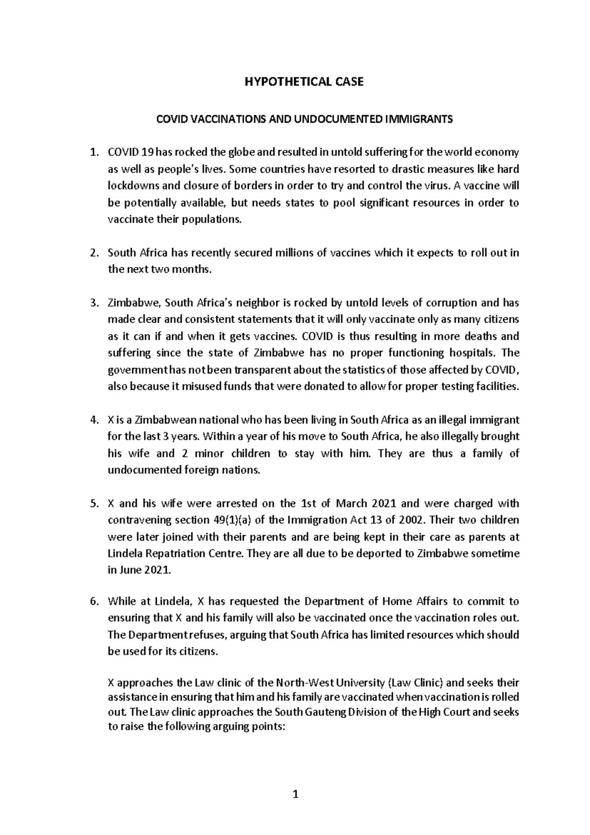 Assessment 1 - Heads of argument - 1 HYPOTHETICAL CASE COVID ...