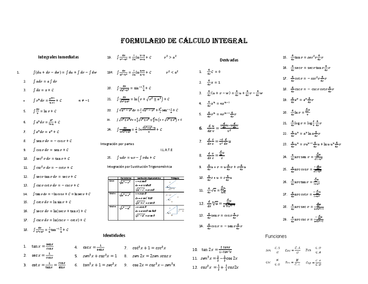 Formulario Cálculo Integral y Diferencial - FORMULARIO DE C¡LCULO INTEGRAL Integrales Inmediatas ...