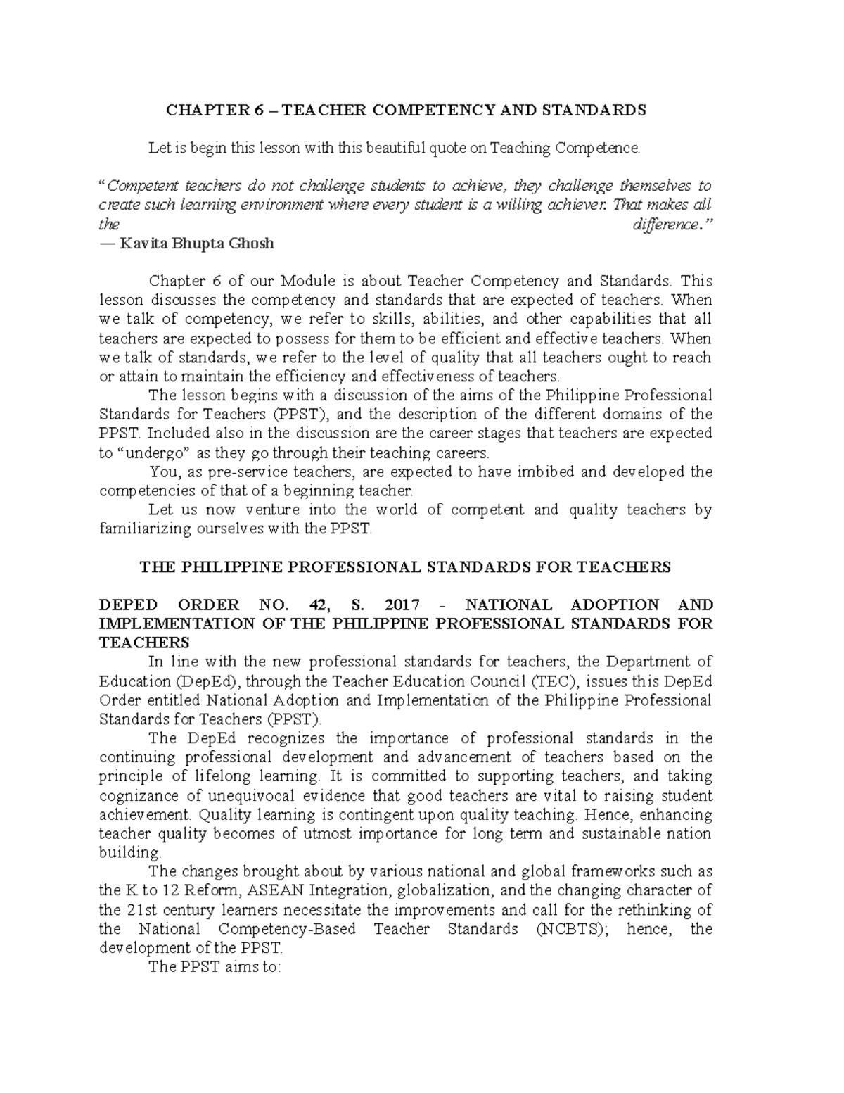 Chapter 6 Teacher Competency and Standards - CHAPTER 6 – TEACHER ...