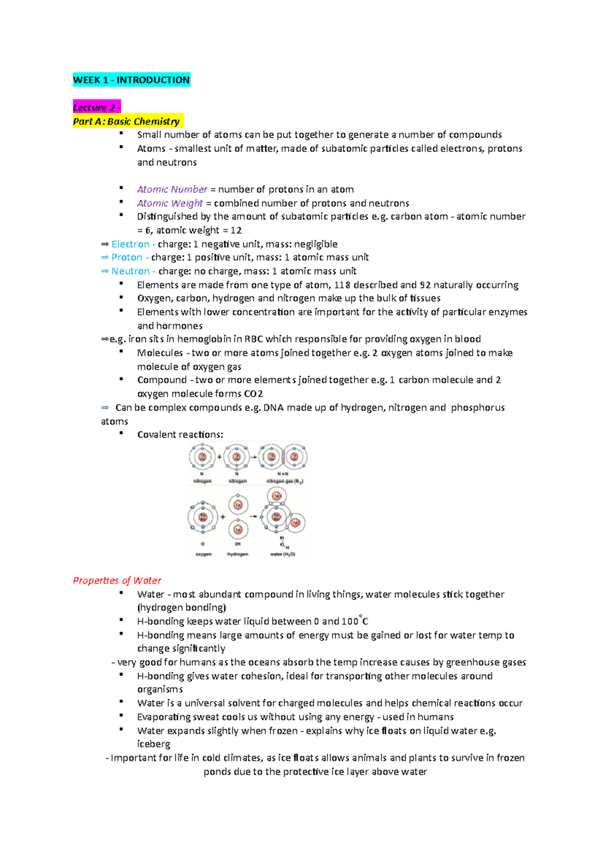 Lecture 1 - basic chemistry - WEEK 1 - INTRODUCTION Lecture 2 - Part A ...