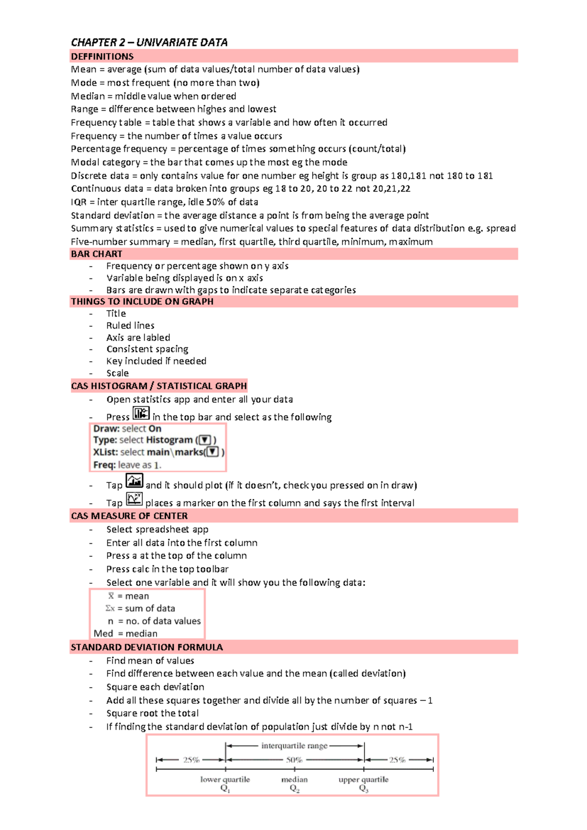 Univariate data Notes - CHAPTER 2 – UNIVARIATE DATA DEFFINITIONS Mean ...