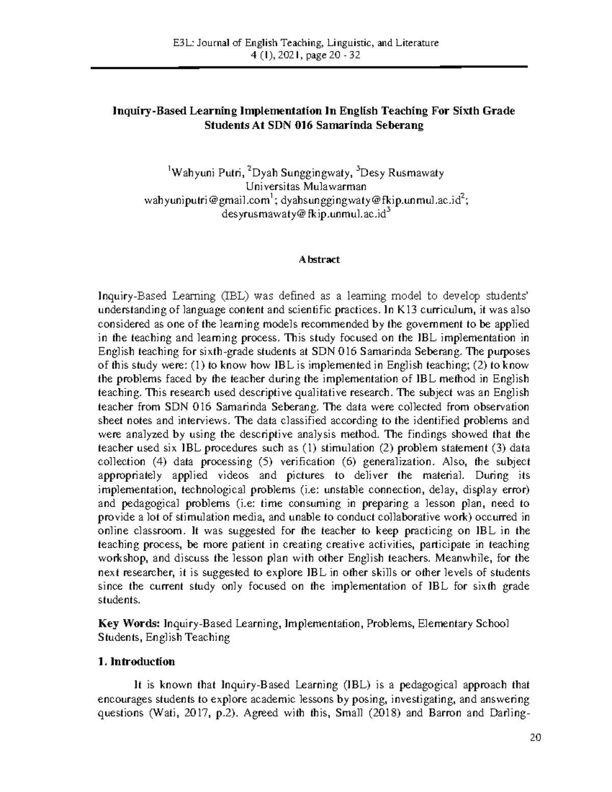 Inquiry-Based Learning Implementation In English Teaching For Sixth Grade Students At SDN 016 ...