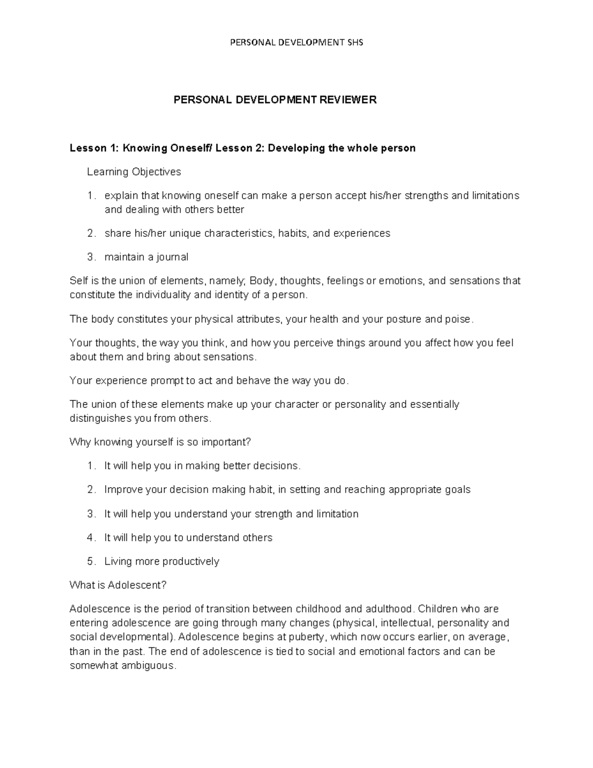 Personal Development Reviewer - PERSONAL DEVELOPMENT REVIEWER Lesson 1 ...
