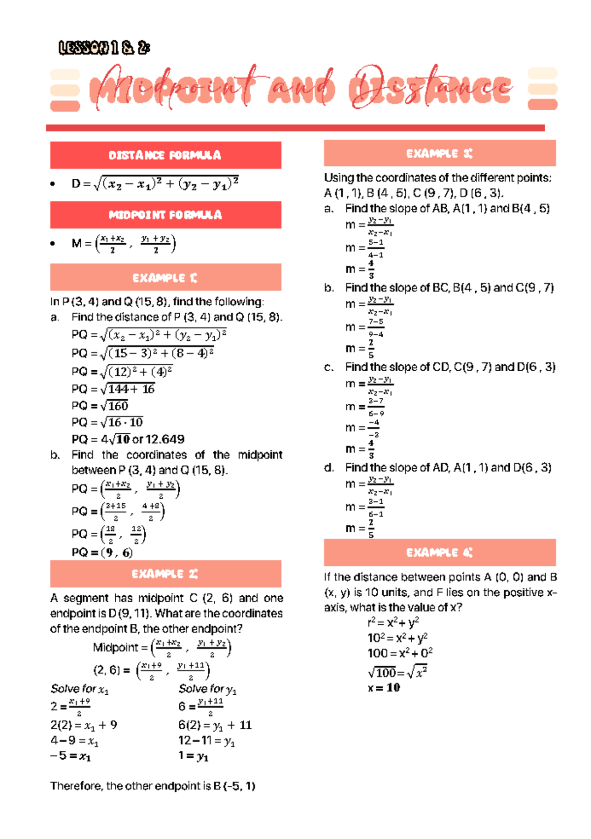 3rd Quarter - Math - NOTES FOR YOU - ####### √(𝒙𝟐 − 𝒙𝟏)𝟐 + (𝒚𝟐 − 𝒚𝟏)𝟐 ...