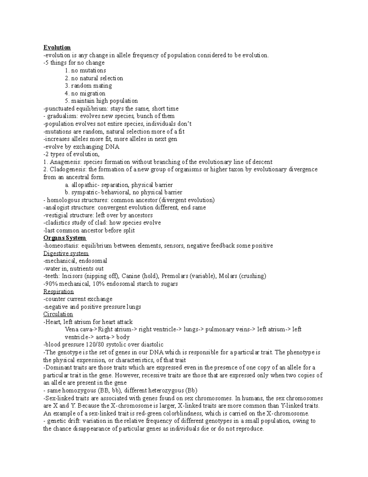Bio cheat sheet 2 - Evolution -evolution is any change in allele ...