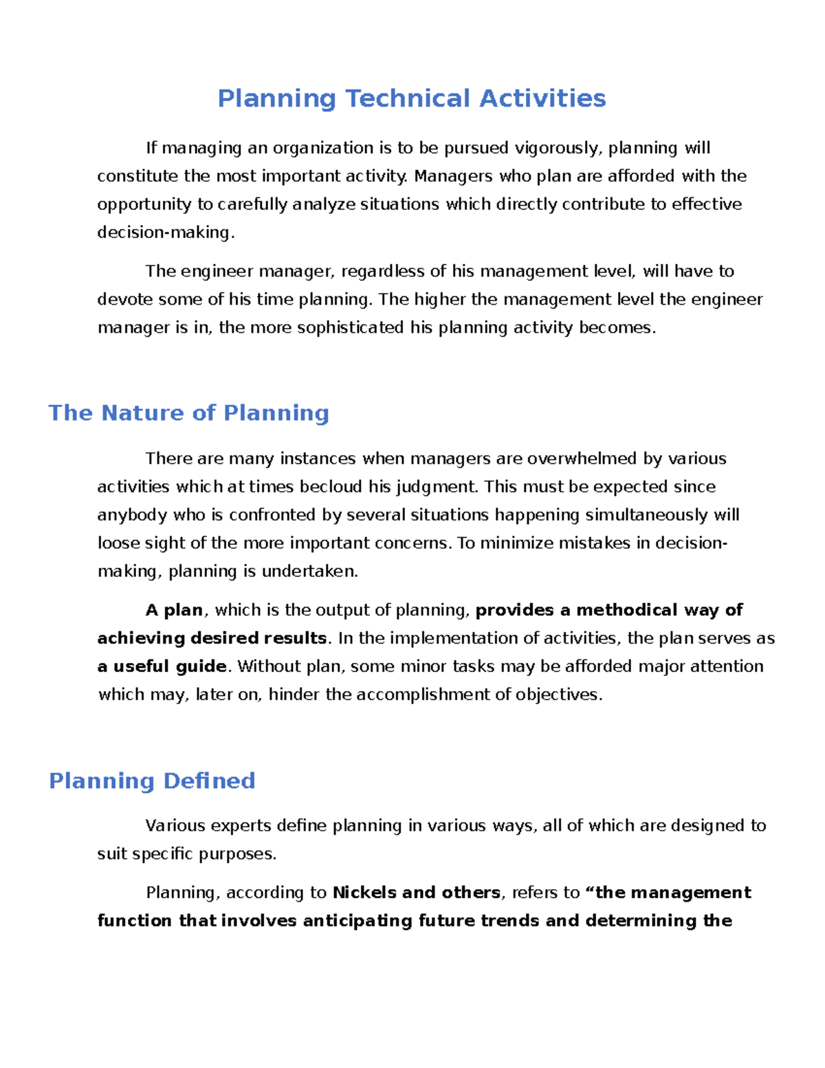 Planning Define - Planning Technical Activities If managing an ...