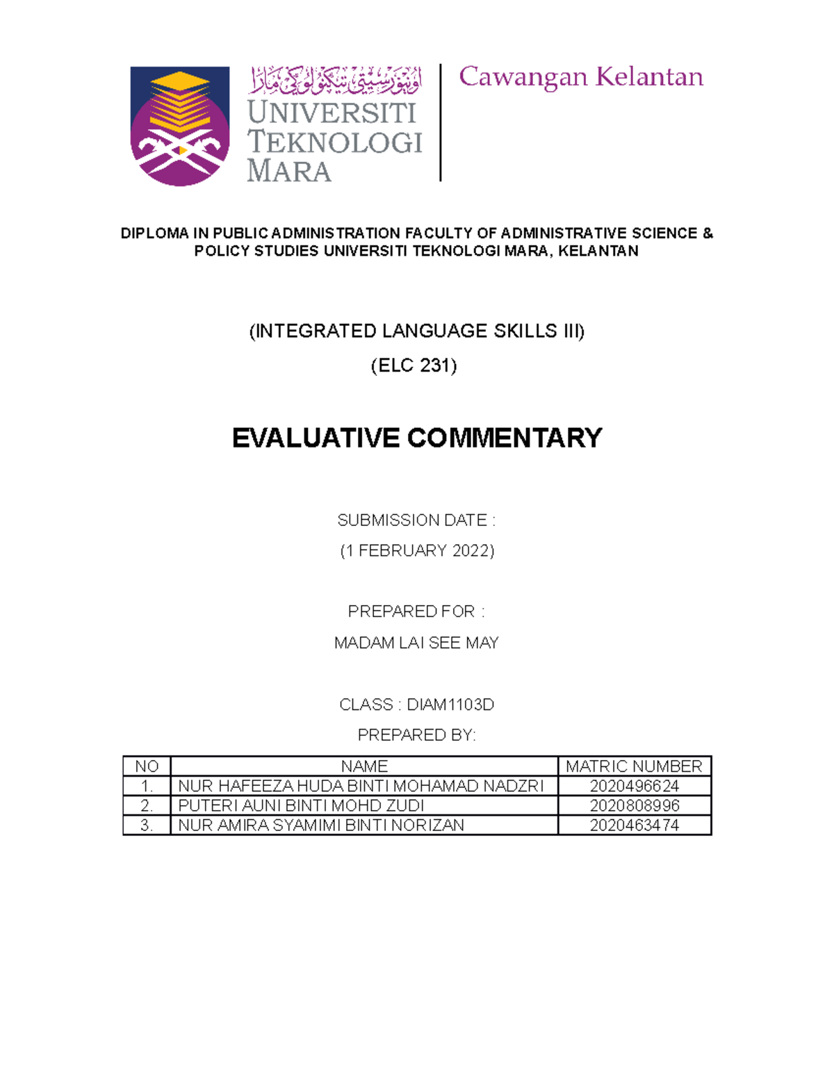 Evaluative Commentary FOR ENGLISH SUBJECT - DIPLOMA IN PUBLIC ...