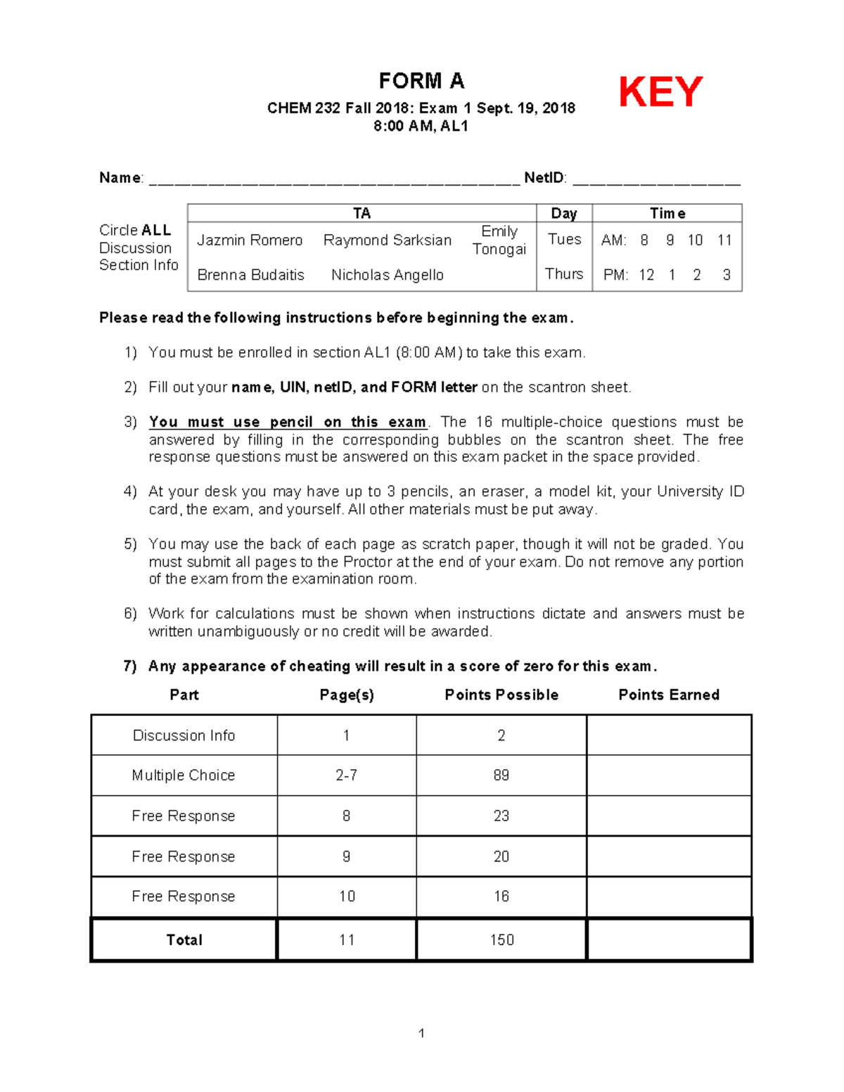 Exam 1 F2018 KEY - Exam 1 answer key - CHEM 232 Fall 2018: Exam 1 Sept ...