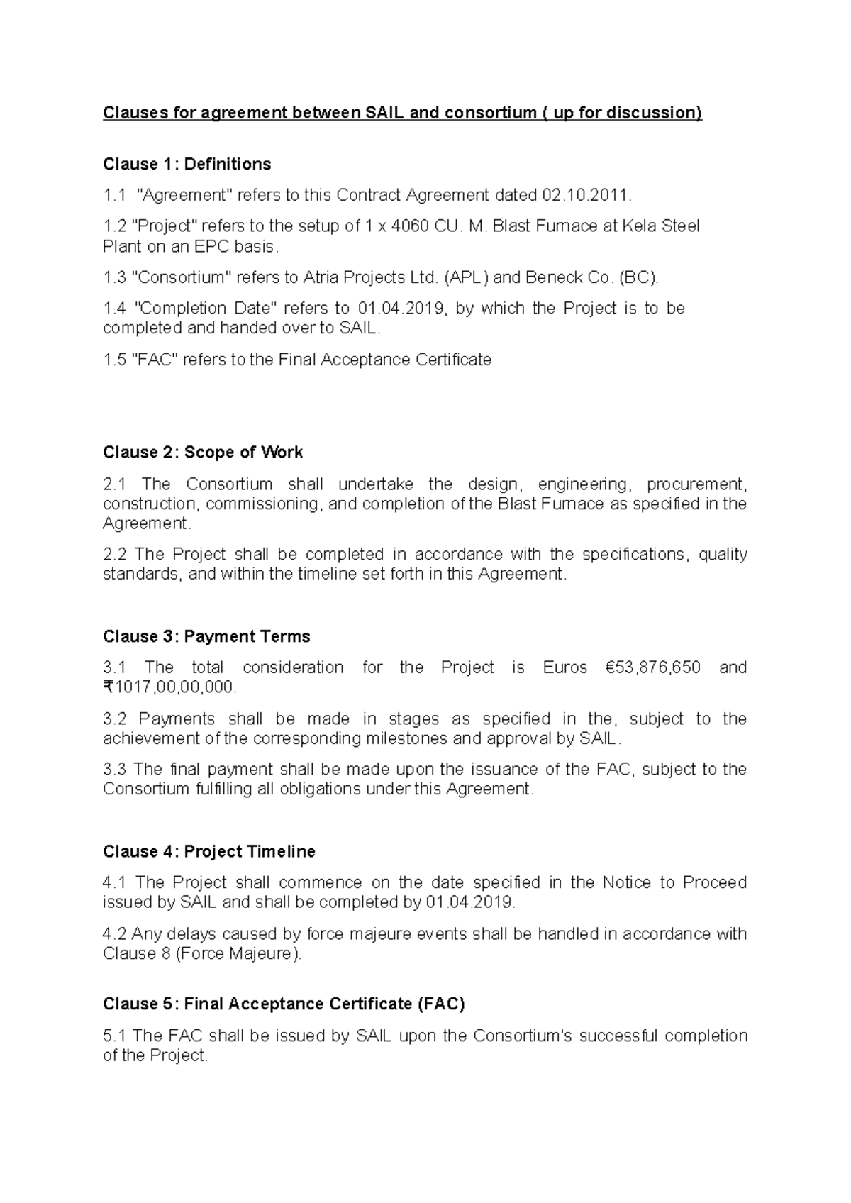 Clauses for agreement (GCC) - Clauses for agreement between SAIL and consortium ( up for ...