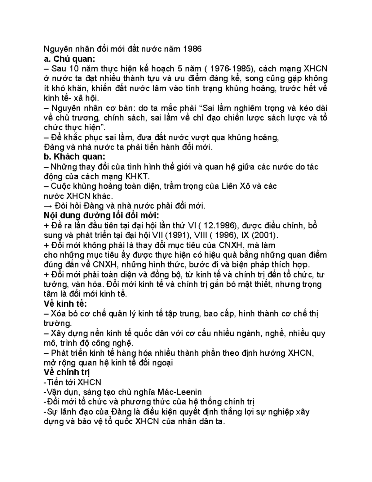Lsdcs - nnn - Nguyên nhân đổi mới đất nước năm 1986 a. Chủ quan: Sau 10 năm thực hiện kế hoạch 5 ...