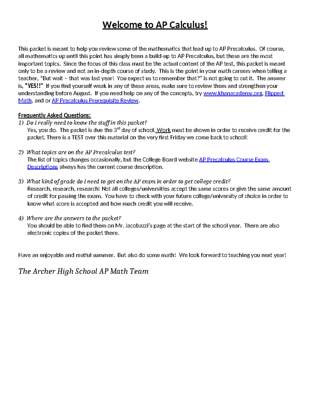 Summer Assignment Letter APP - Welcome to AP Calculus! This packet is ...