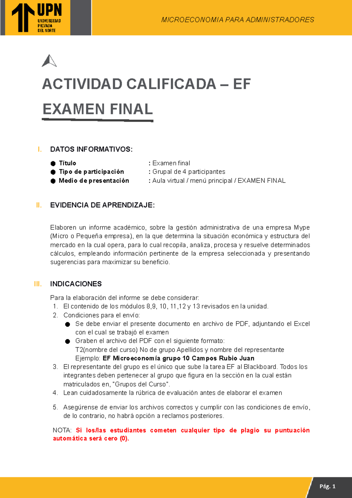 ECON - es una parte de un examen final - ACTIVIDAD CALIFICADA – EF ...