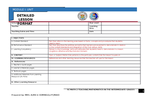 MATH Lesson PLAN Format - 1 SC MATH 2 TEACHING MATHEMATICS IN THE ...