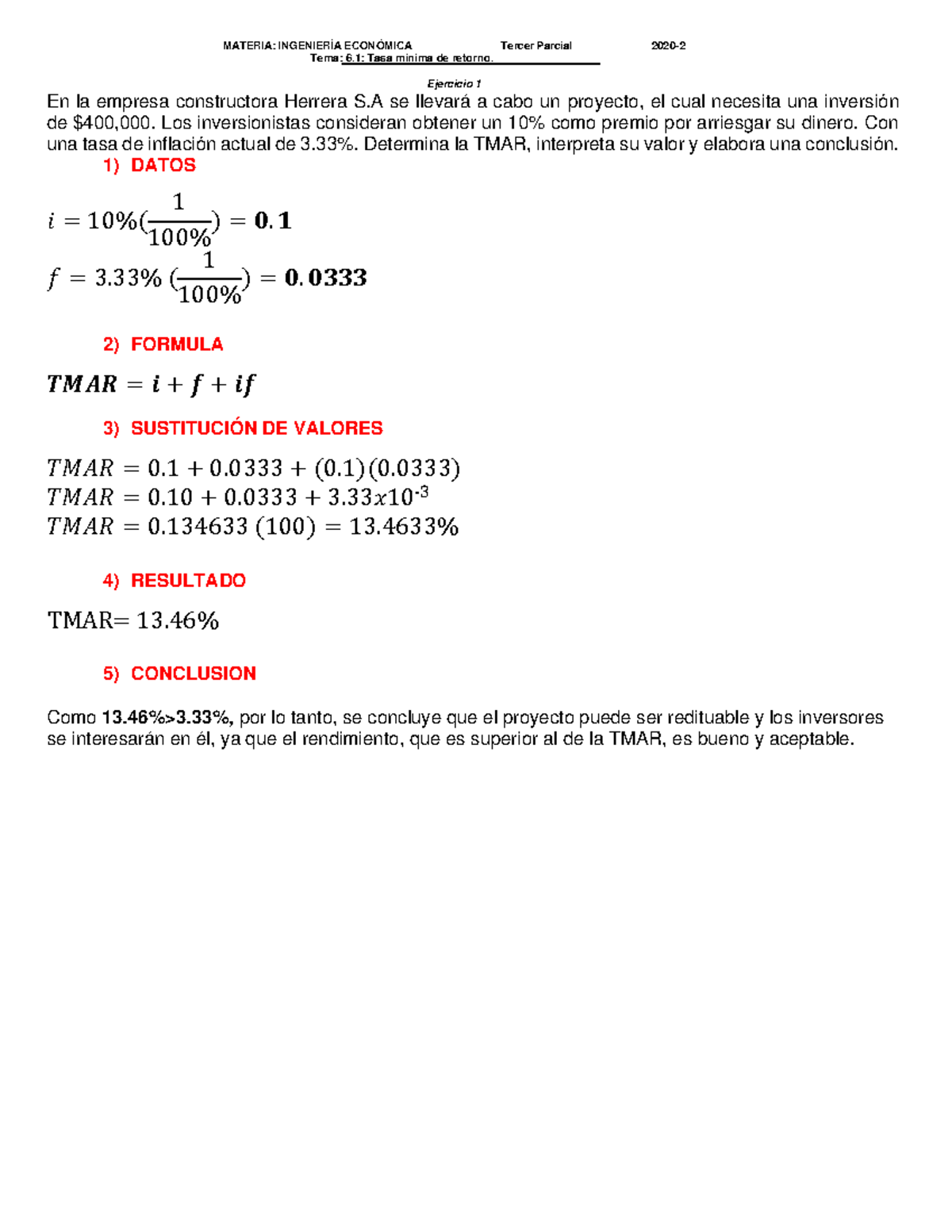 Ejercicios Tasa minima de retorno - MATERIA: INGENIERÍA ECONÓMICA ...