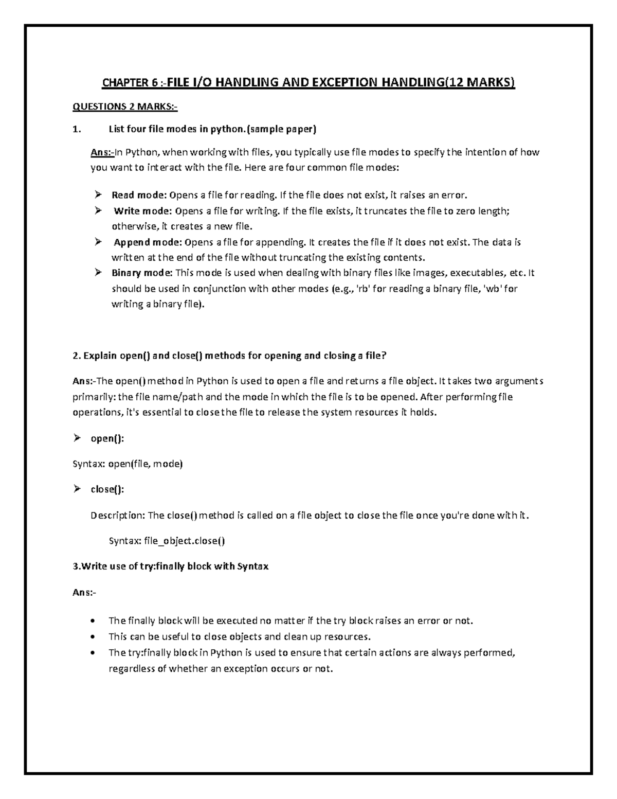 Chapter 6 Question answers - CHAPTER 6 :-FILE I/O HANDLING AND EXCEPTION HANDLING(12 MARKS ...