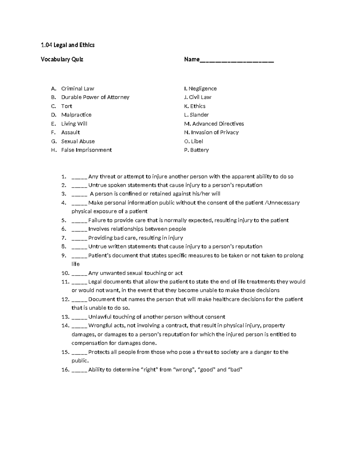 1.03 Key Terms Worksheet-1 - 1 Legal and Ethics Vocabulary Quiz Name