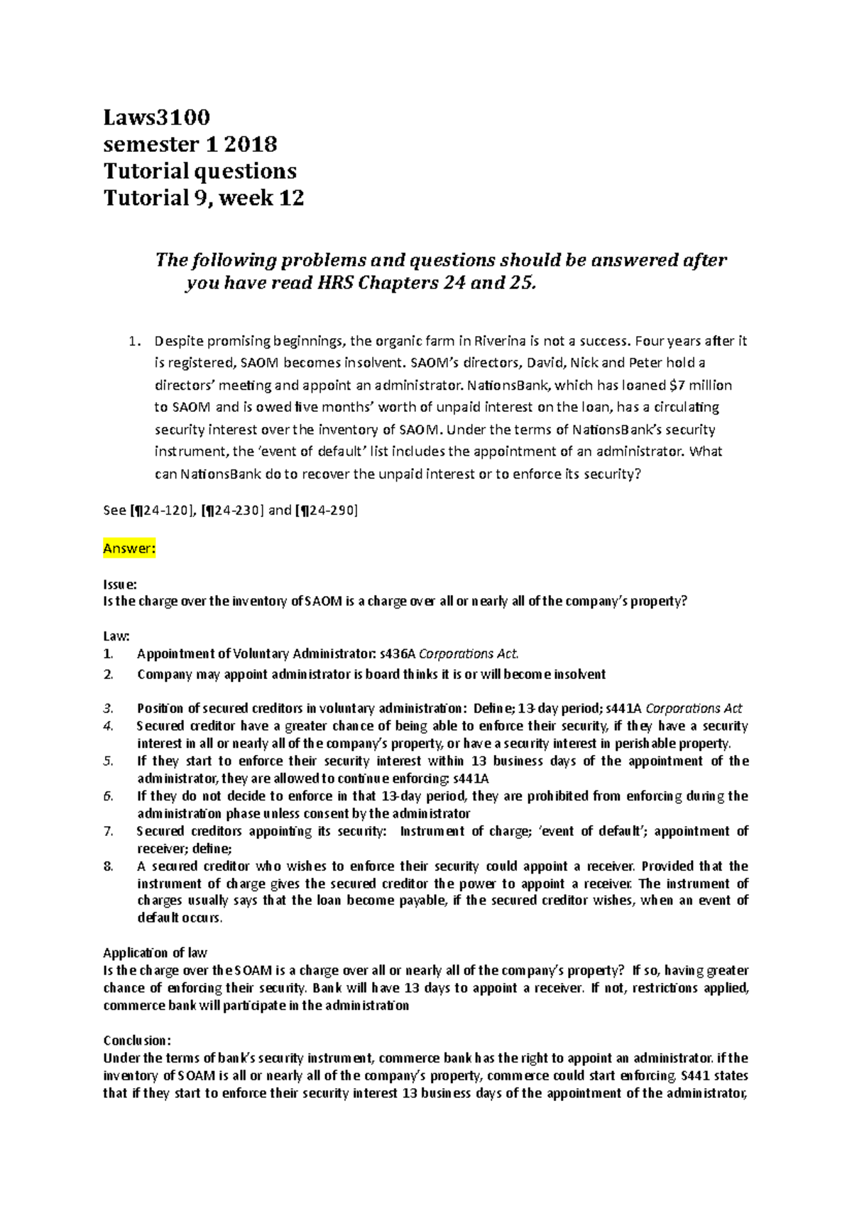 Tutorial 9 week 12 questions - Laws semester 1 2018 Tutorial questions ...
