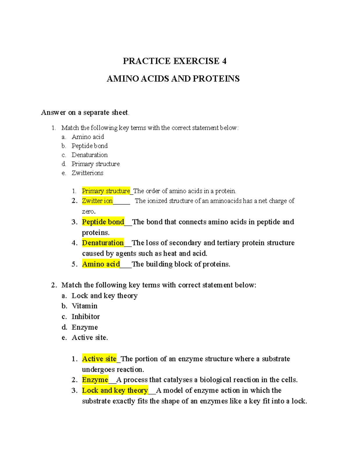 Biomoleculars Assignment Proteins AND Enzymes - PRACTICE EXERCISE 4 ...