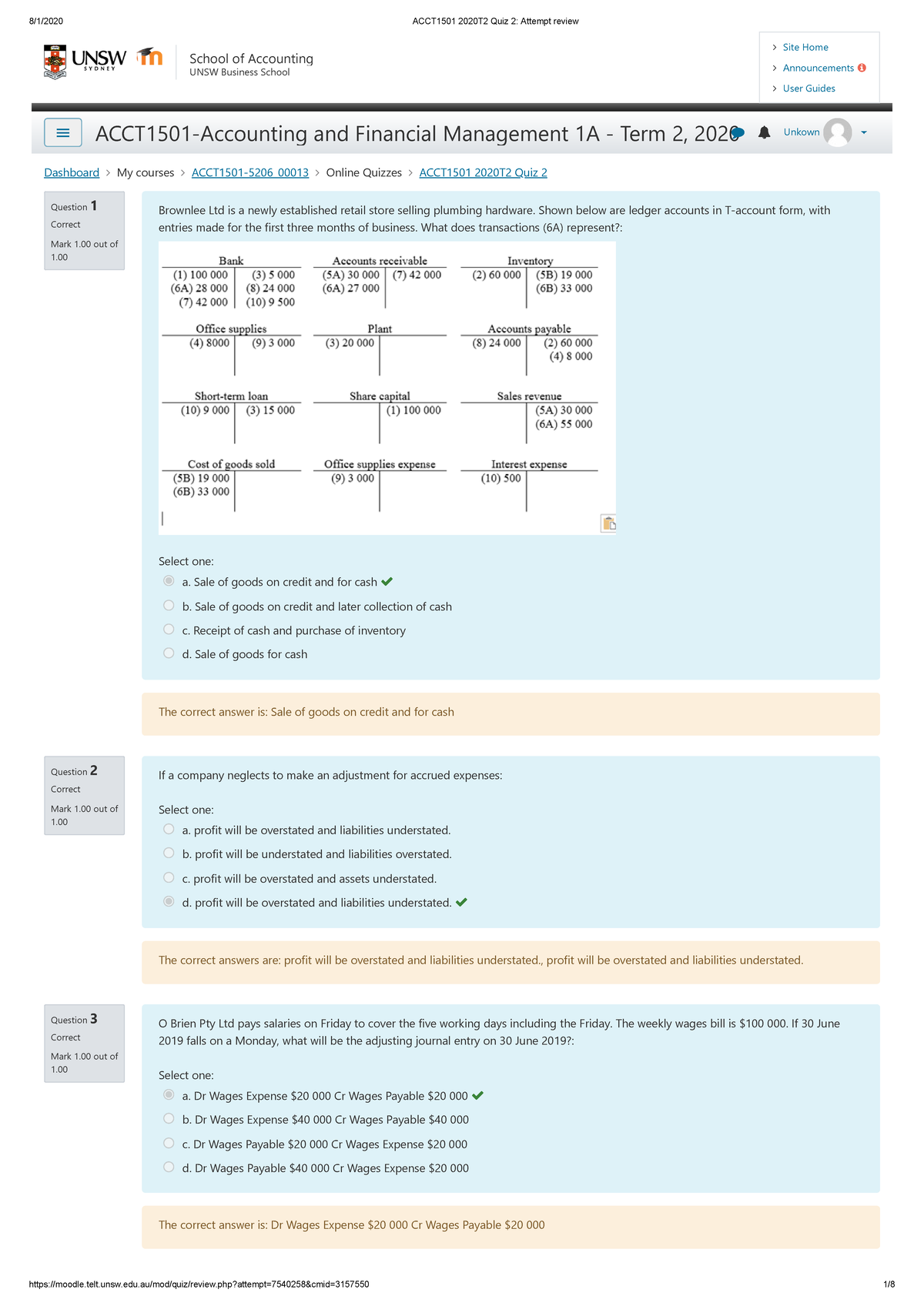 Quiz 2 2020 of Term 2 - Dashboard My courses ACCT1501-5206_00013 Online ...