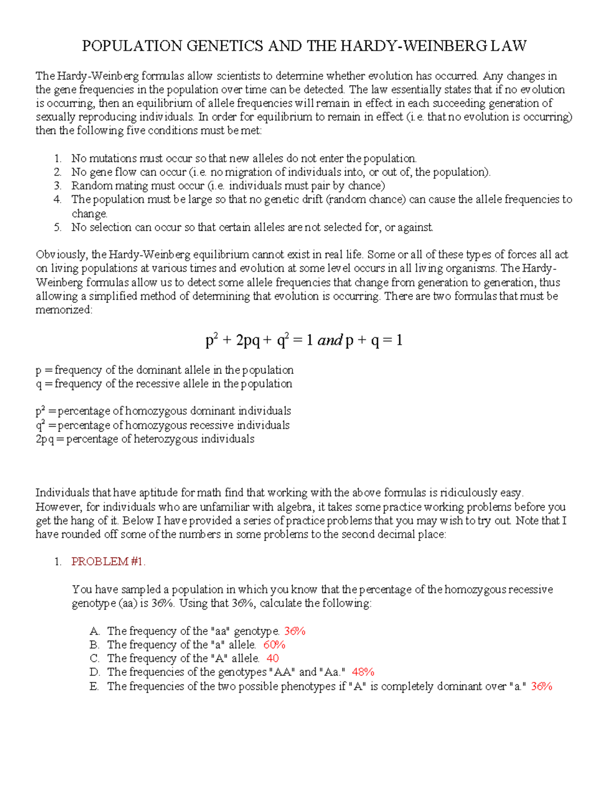 Hardy Weinberg Problem Set - POPULATION GENETICS AND THE HARDY-WEINBERG ...