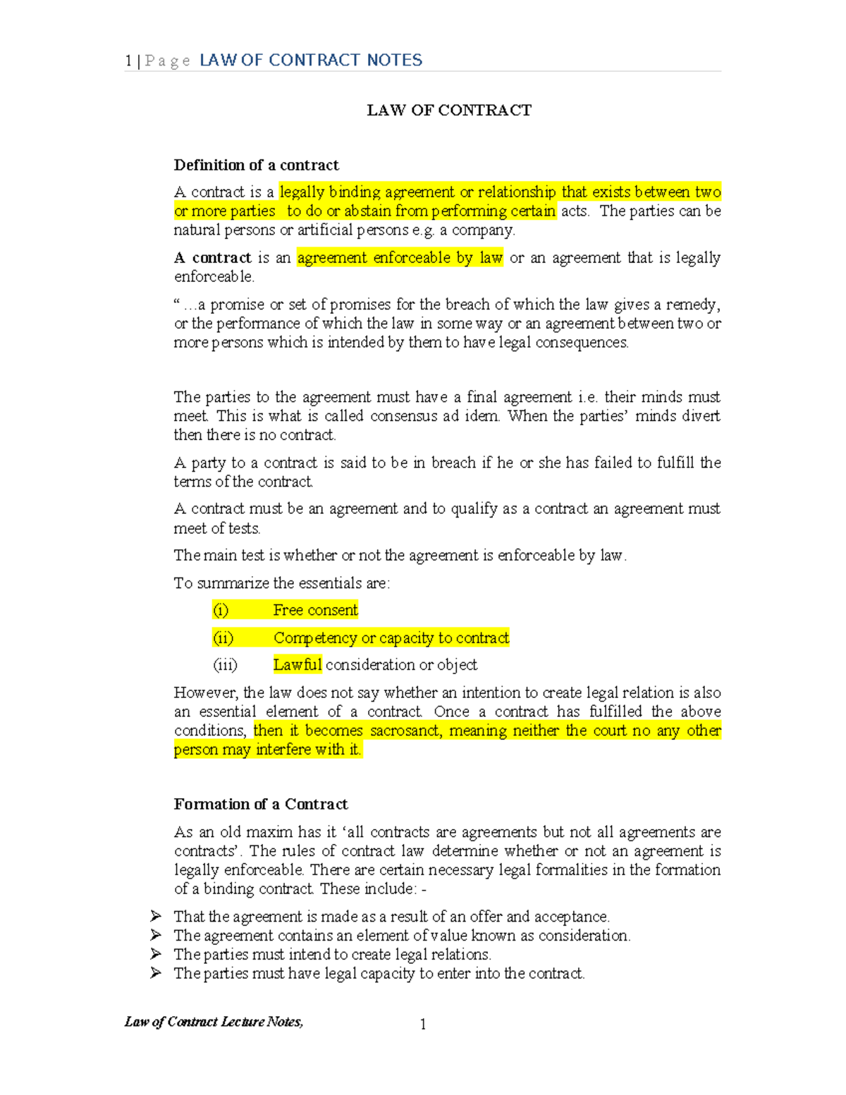 Law of Contract main notes revised - LAW OF CONTRACT Definition of a ...