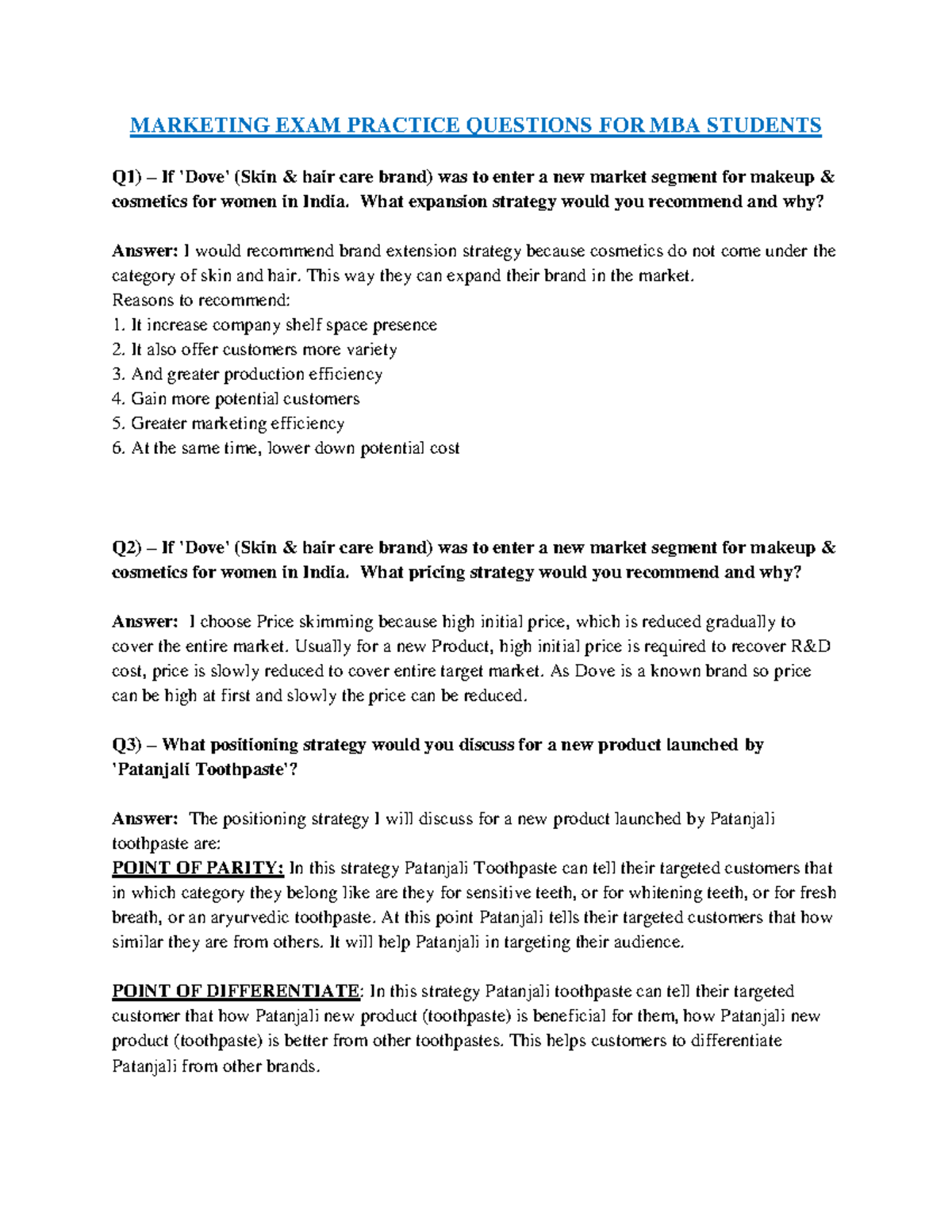 Practice Questions FOR MBA Marketing EXAM MARKETING EXAM PRACTICE