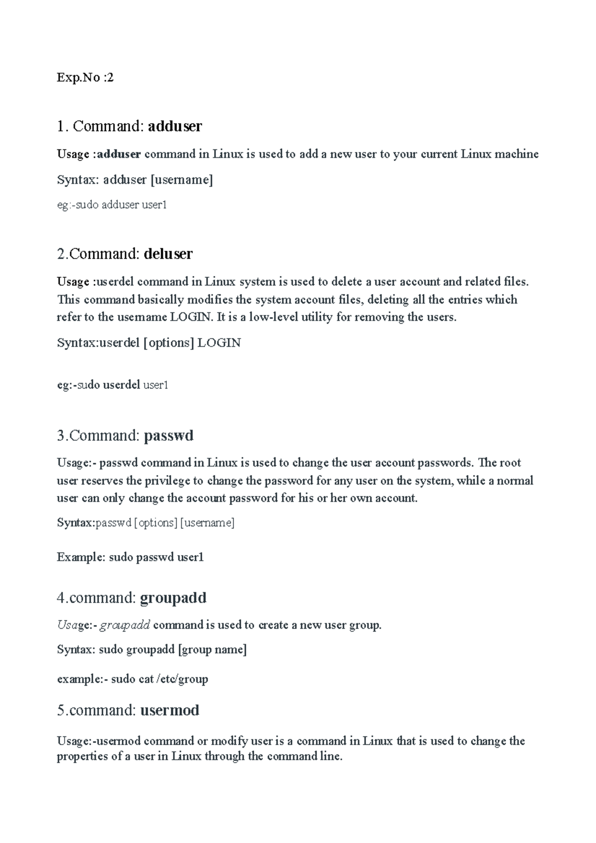 Sa lab exp2 - Lab work - Exp : 1. Command: adduser Usage :adduser command in Linux is used to ...
