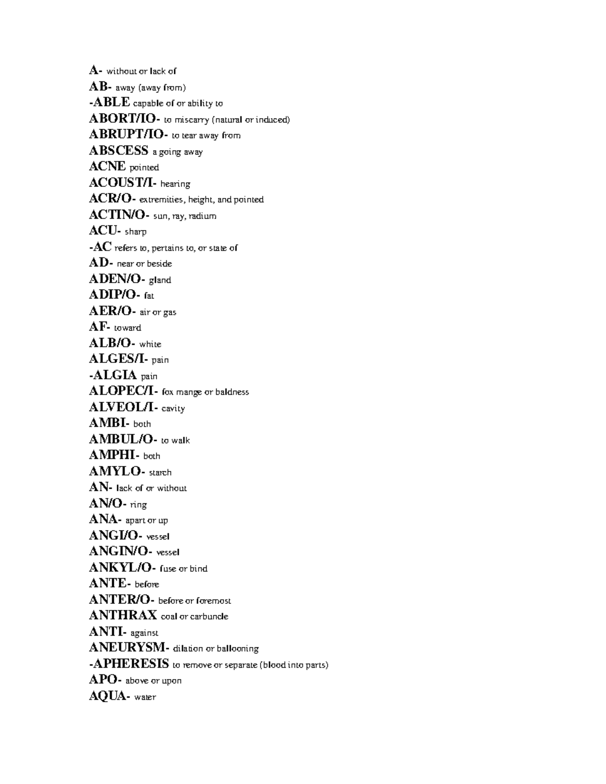 Medical Terminology - A- without or lack of AB- away (away from) -ABLE ...