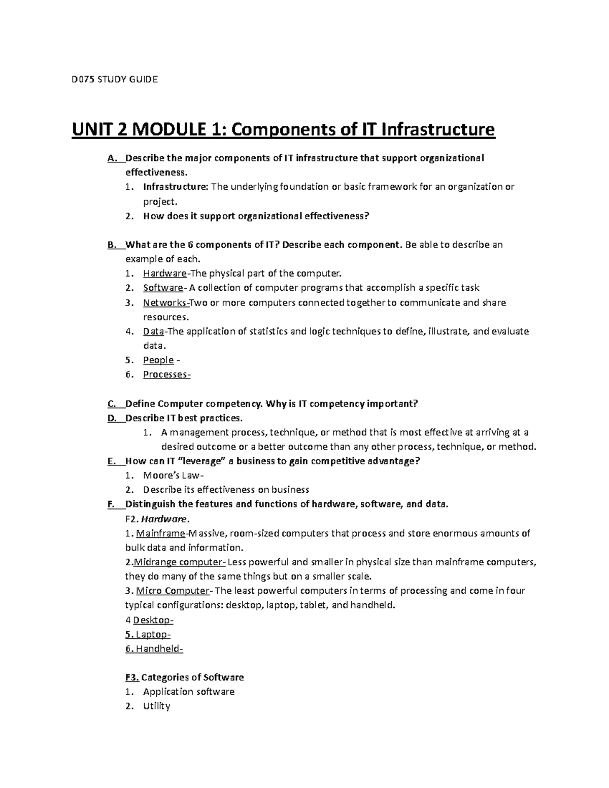 D075 Study Guide - D075 STUDY GUIDE UNIT 2 MODULE 1: Components of IT ...