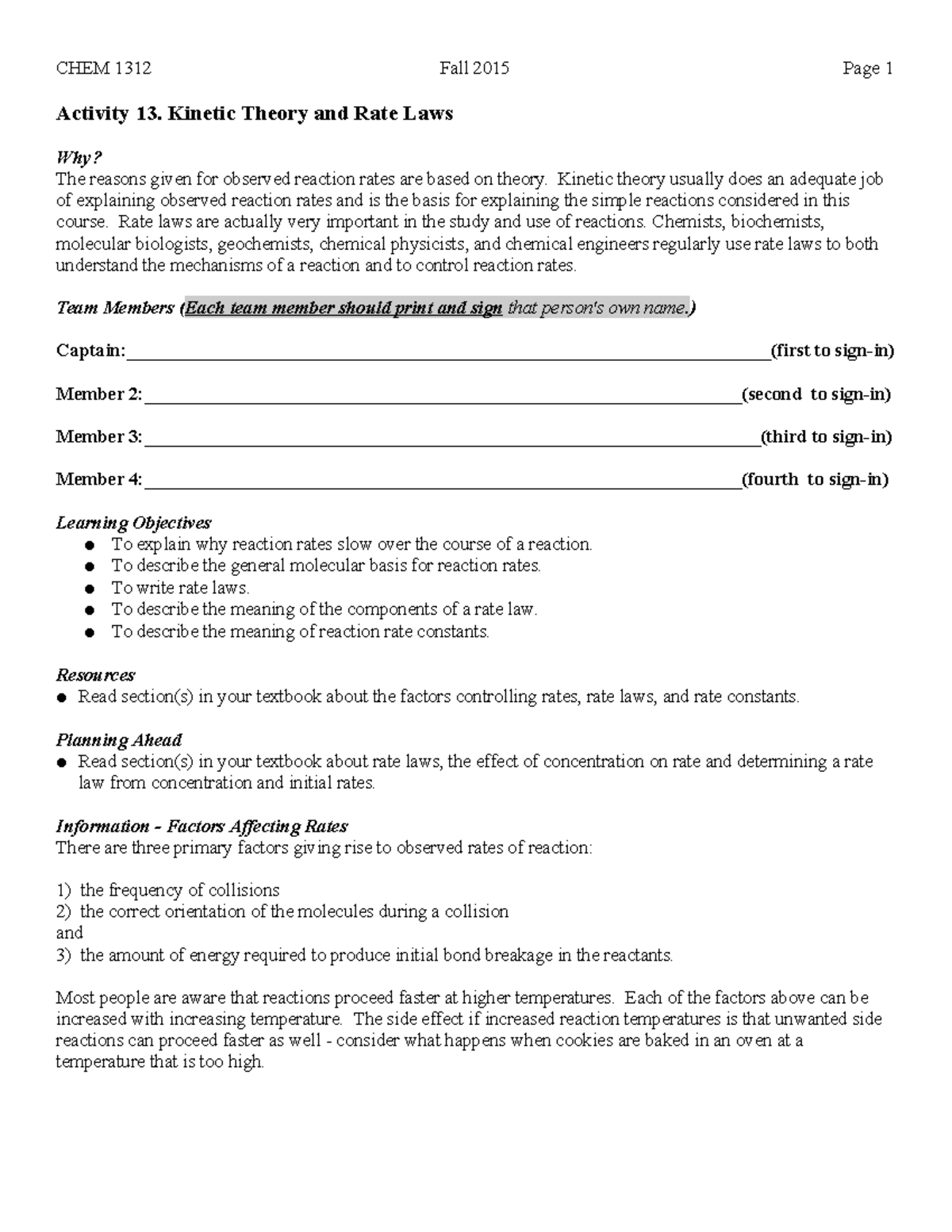 CHEM1312 Kinetic Rate Theory - Activity 13. Kinetic Theory and Rate ...