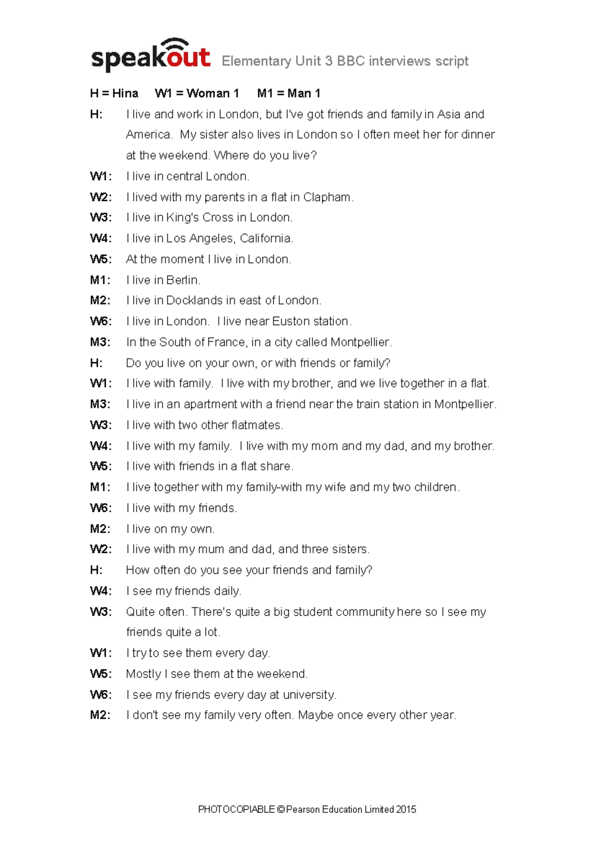 BBC 3- Ingles - Elementary Unit 3 BBC interviews script PHOTOCOPIABLE ...