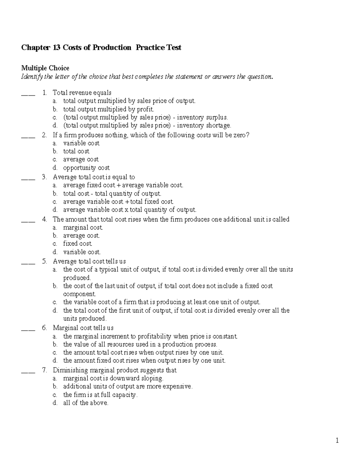 Cost Theory practice test - Chapter 13 Costs of Production Practice ...