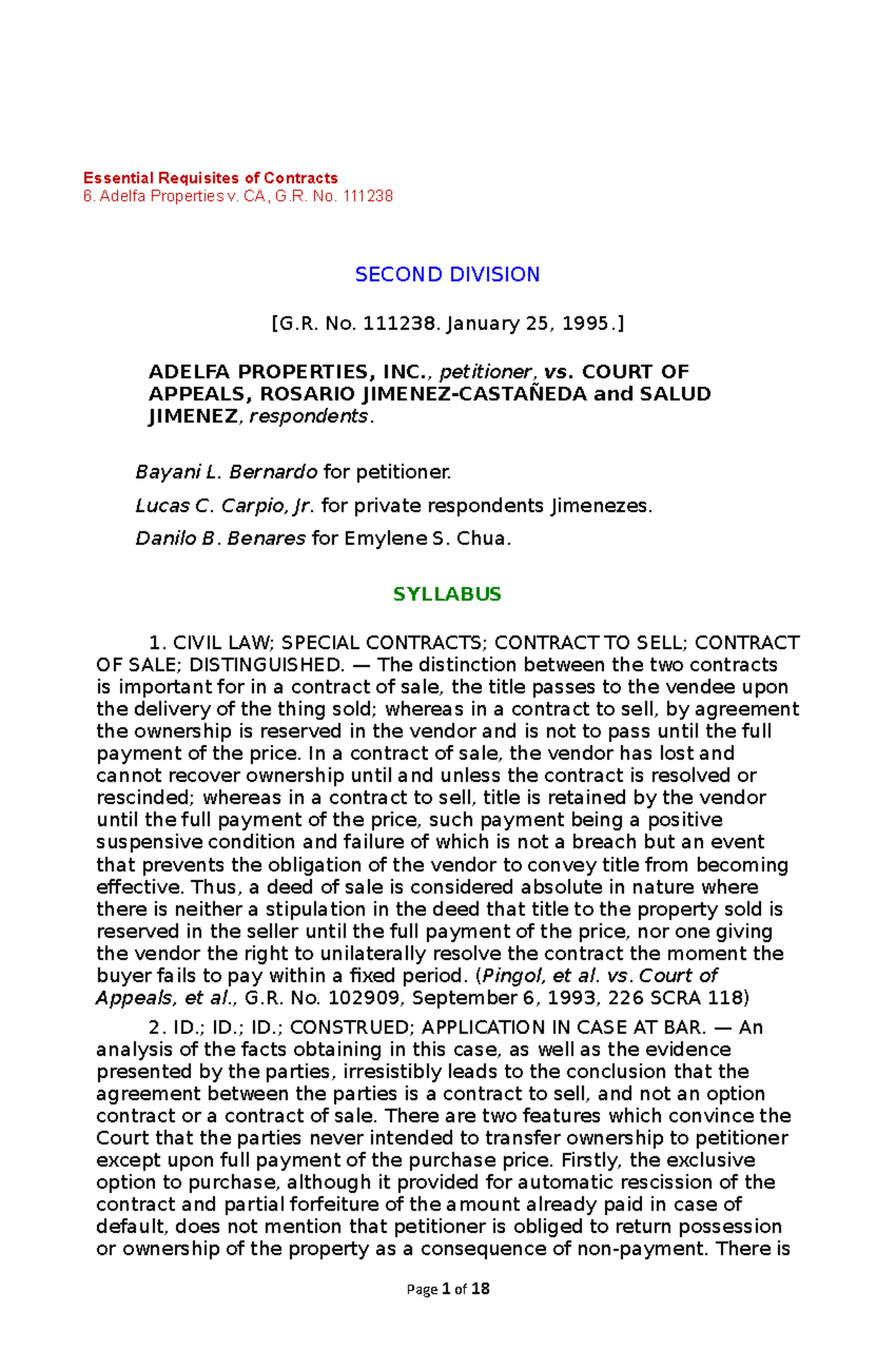6. Adelfa Properties v. CA, G.R. No. 111238 - Adelfa Properties v. CA ...