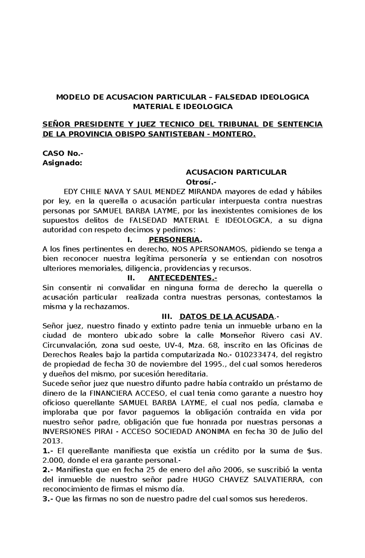 Acusacion Particular – Falsedad Ideologica Material E Ideologica ...