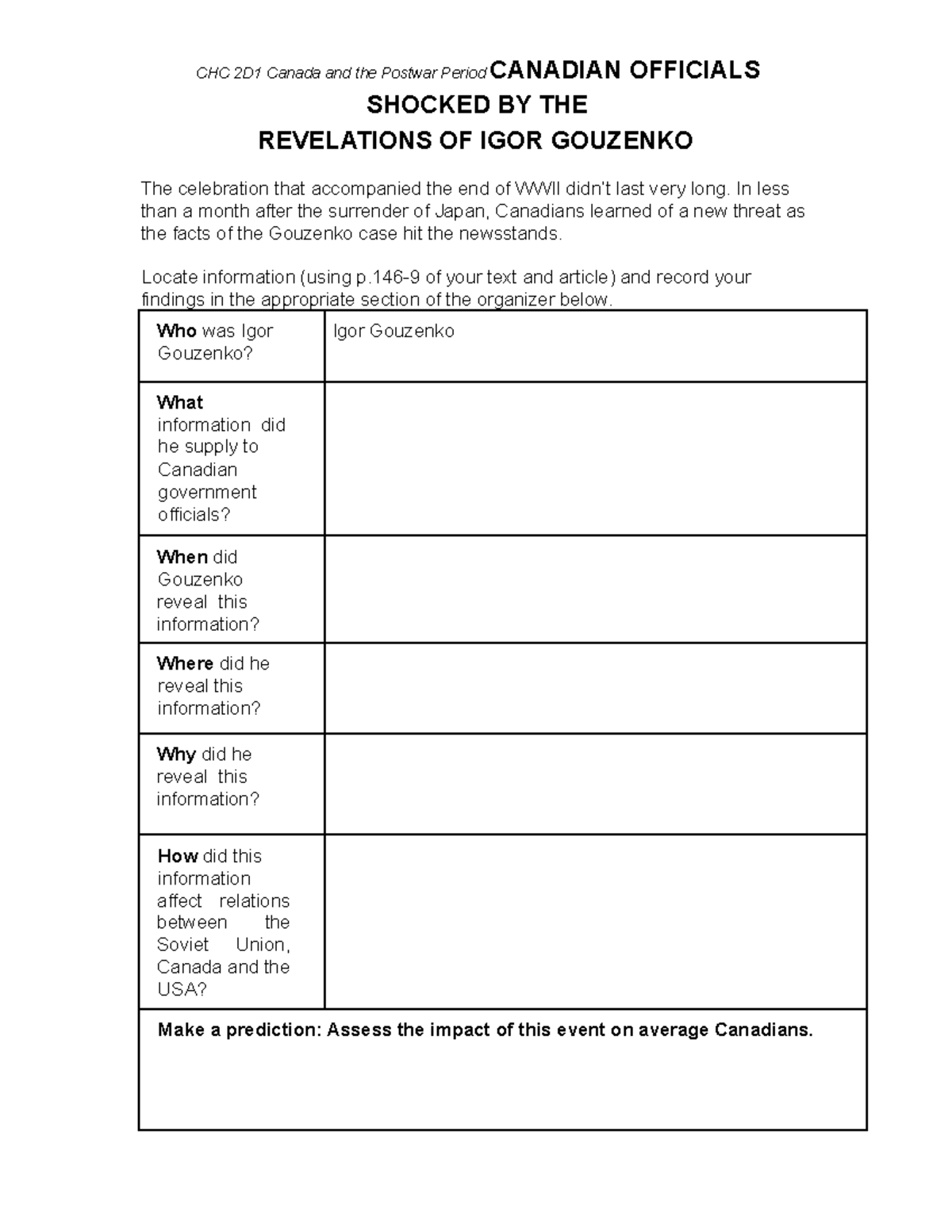 Canada AND IGOR Gouzenko - CHC 2D1 Canada and the Postwar Period ...