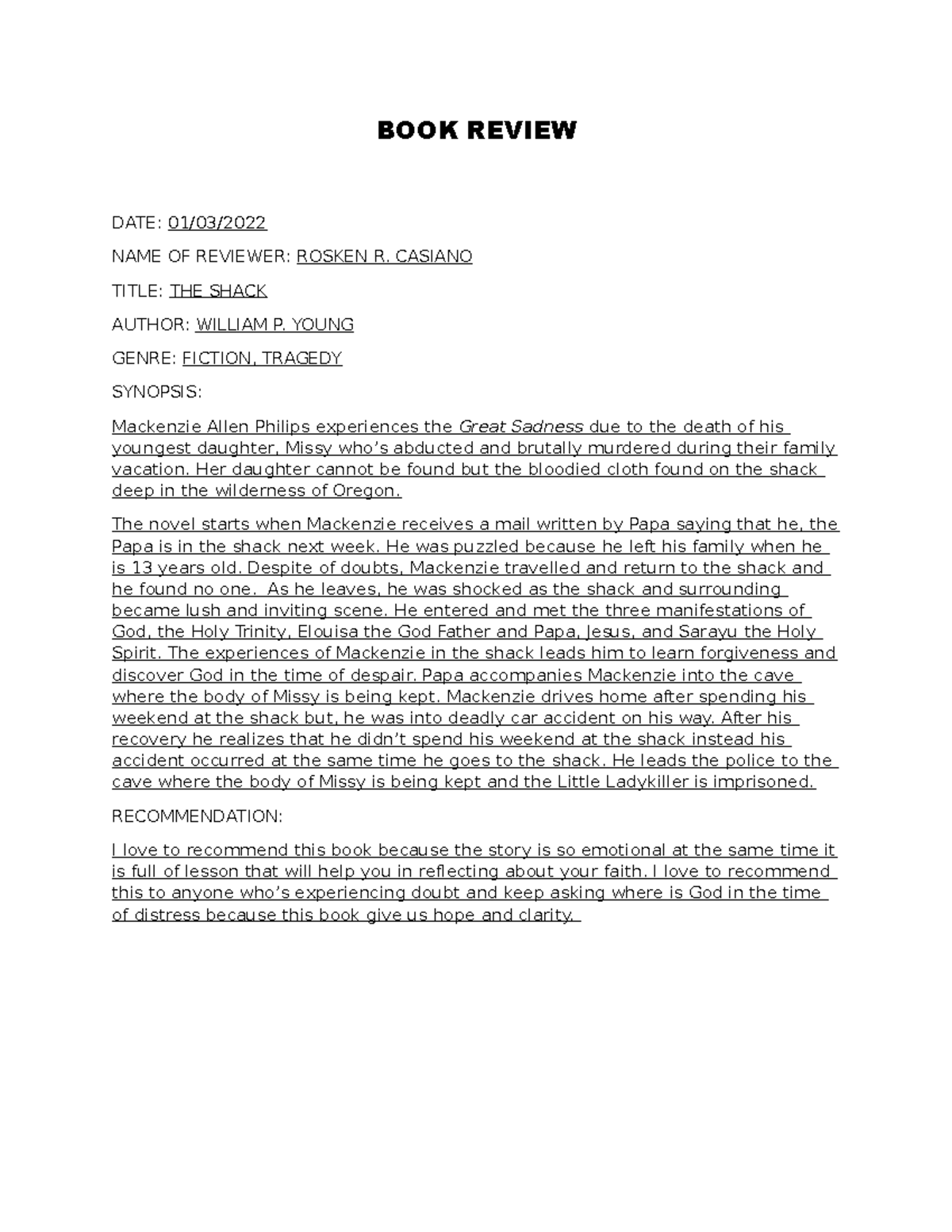 BOOK Review - BOOK REVIEW DATE: 01/03/ NAME OF REVIEWER: ROSKEN R ...