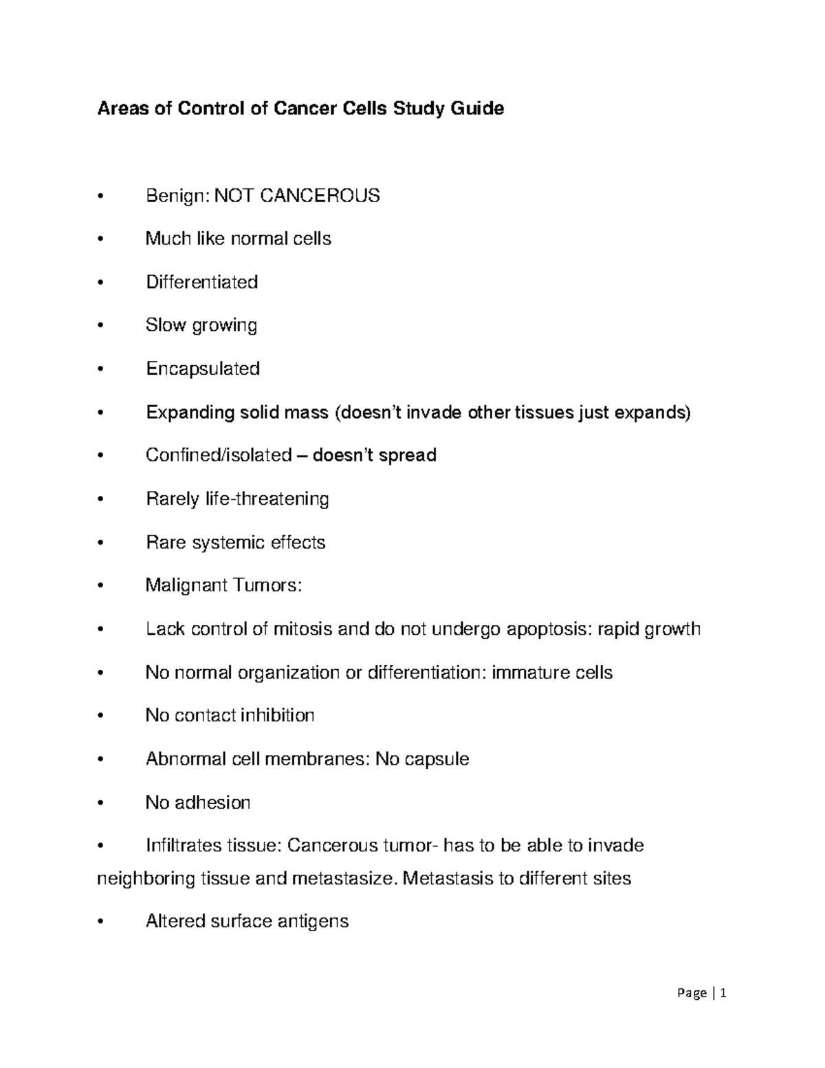 Areas of Control of Cancer Cells Study Guide - Areas of Control of ...