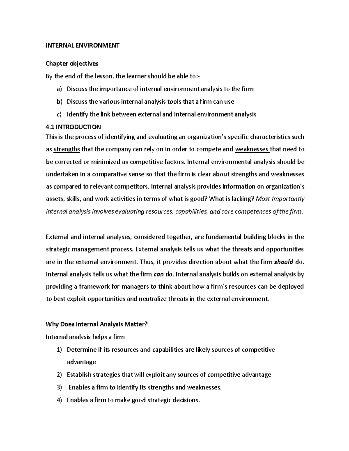 Internal Analysis - FOURTH YEAR NOTES. - INTERNAL ENVIRONMENT Chapter ...