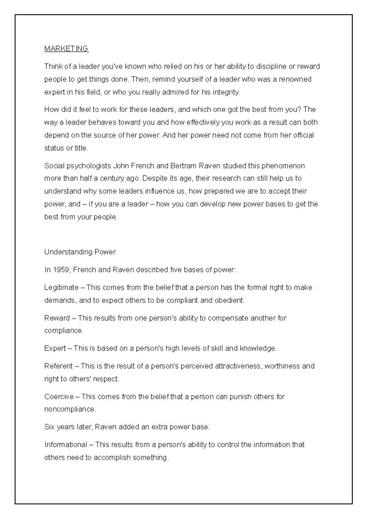 Marketing Group - assignments - MARKETING Think of a leader you've ...