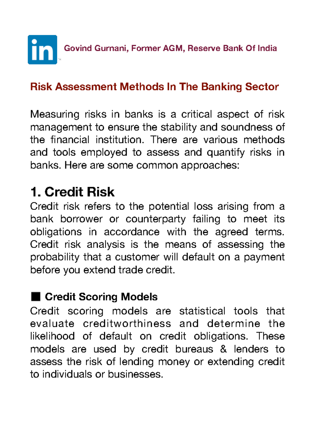 Risk Assessment Methods In The Banking Sector 1716313865 - Govind ...