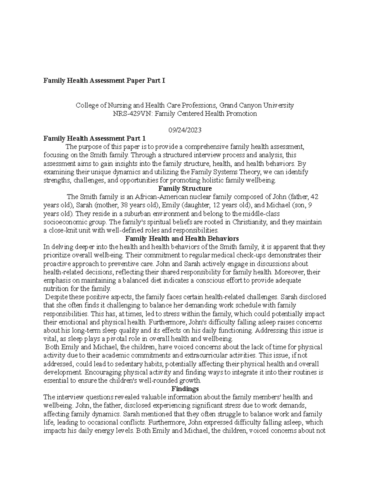 Family Assessment - Family Health Assessment Paper Part I College of ...