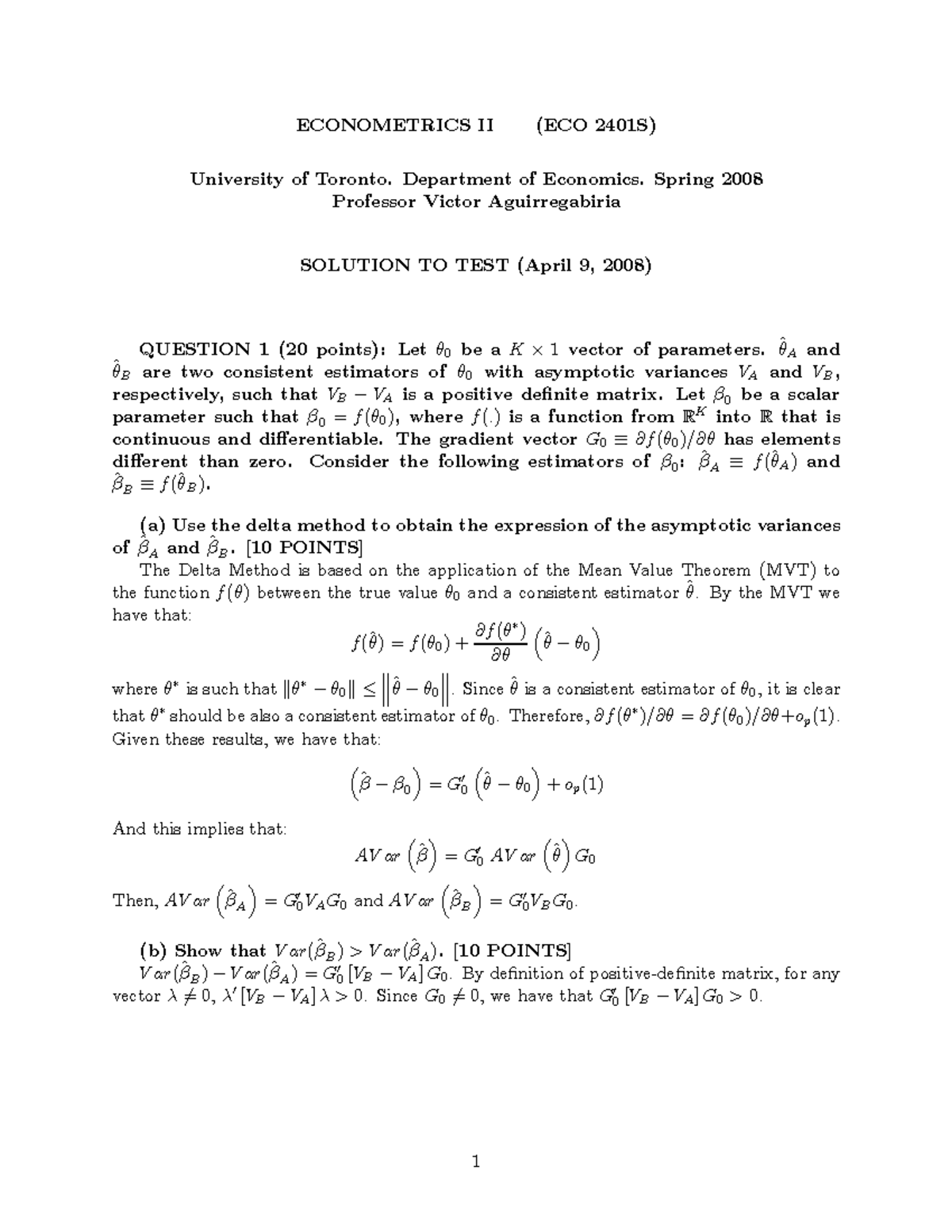 Ec2401 solution final exam 2008 - ECONOMETRICS II (ECO 2401S) University of Toronto. Department ...