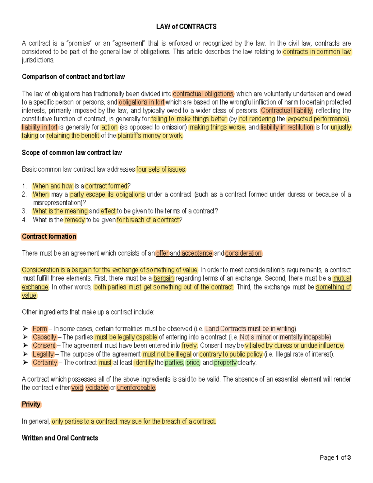 Law of Contracts - Summary of lectures - Page 1 of 3 LLAAWW ooff CCOONNTTRRAACCTTSS A contract ...