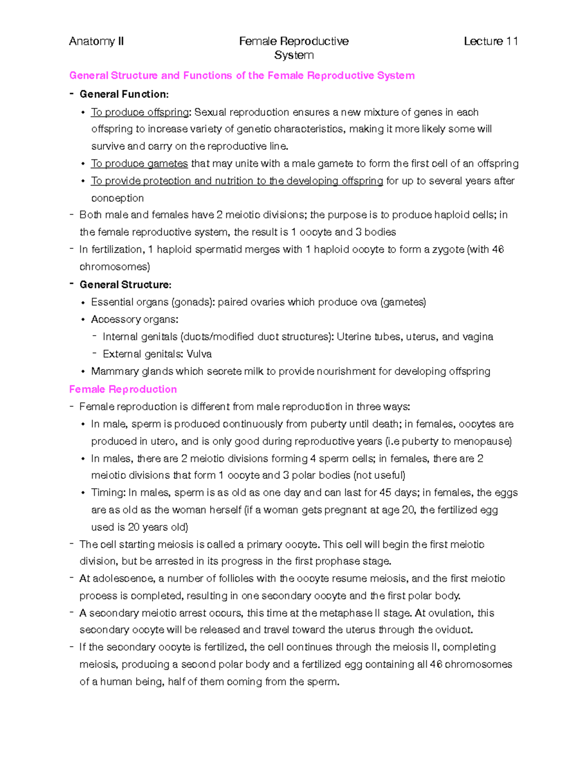 Anatomy II; Lecture 11; Female Reproductive System (PDF) - System ...