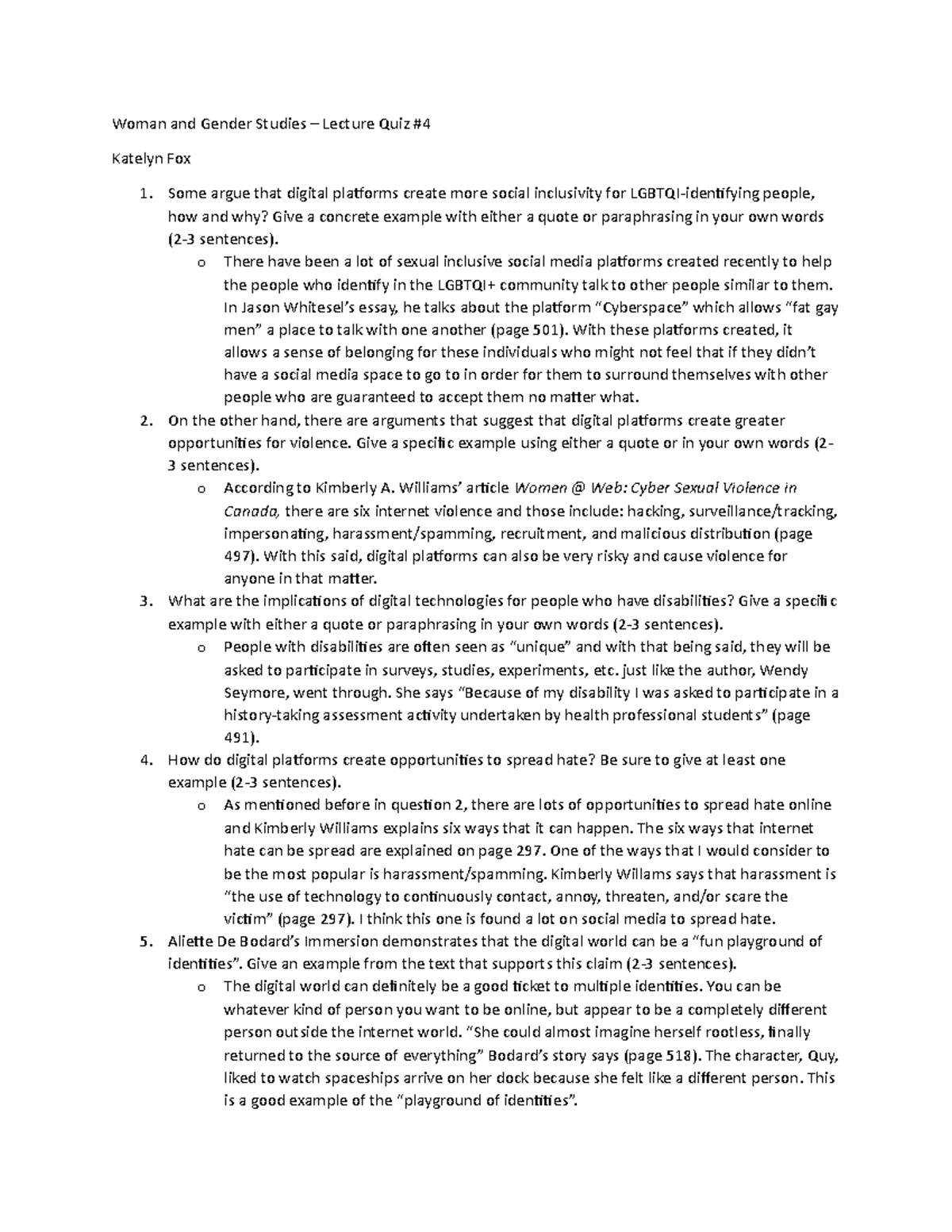 Lecture quiz 4 - Professor Jillian Jacklin - Woman and Gender Studies ...