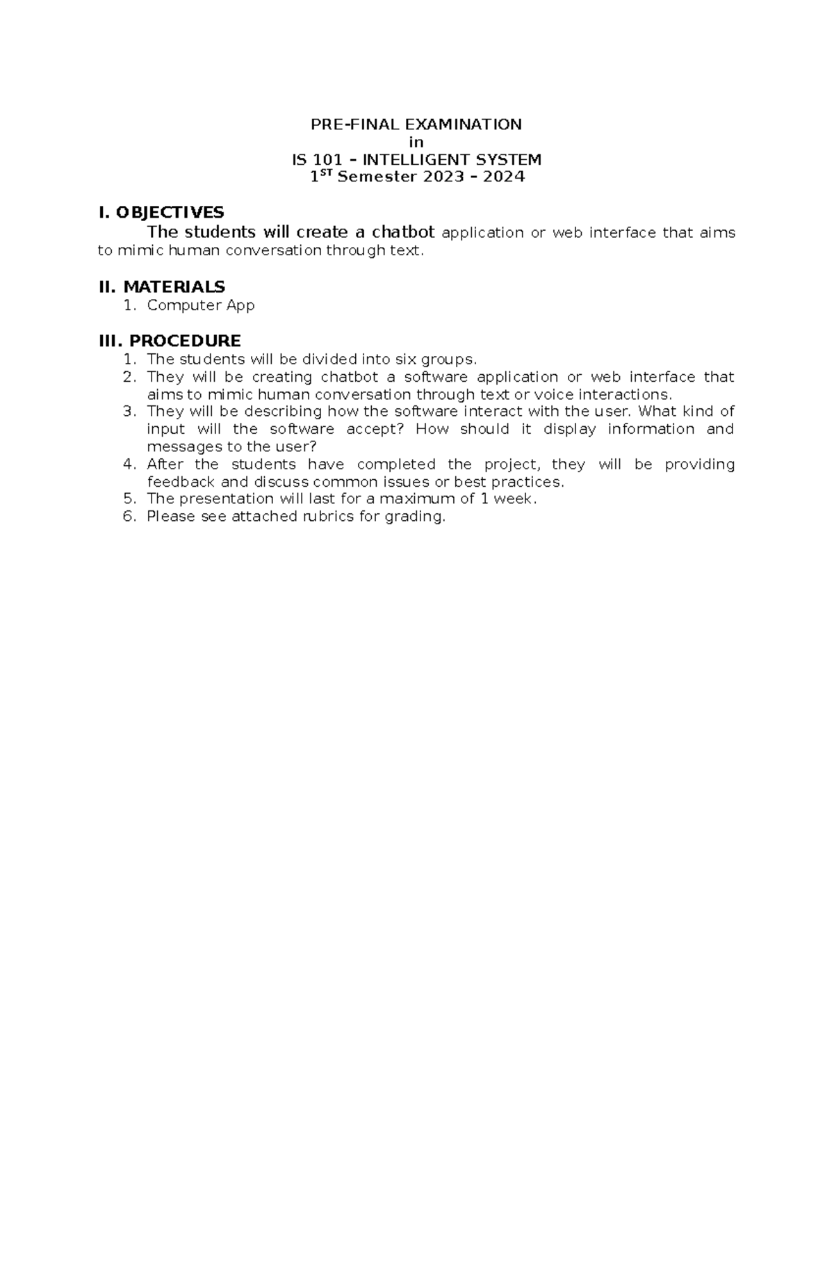 IS - lecture - PRE-FINAL EXAMINATION in IS 101 – INTELLIGENT SYSTEM 1 ...