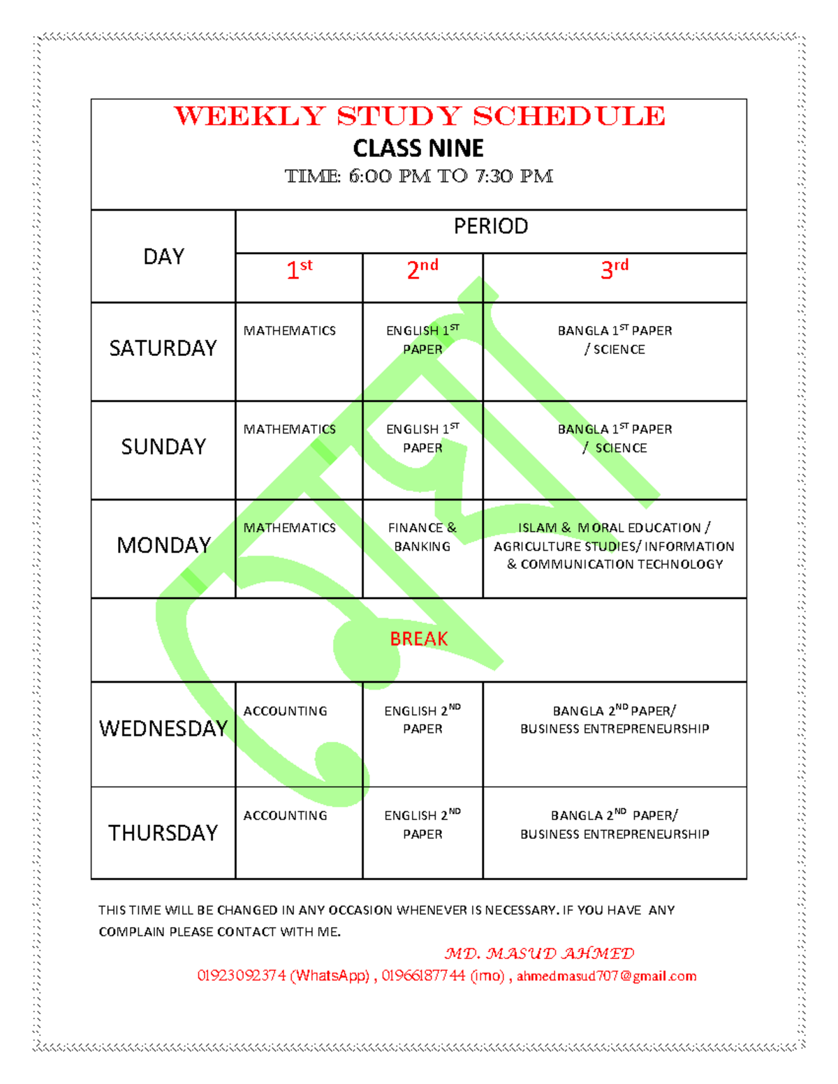 Weekly Study Schedule 4 - WEEKLY STUDY SCHEDULE CLASS NINE TIME: 6:00 ...